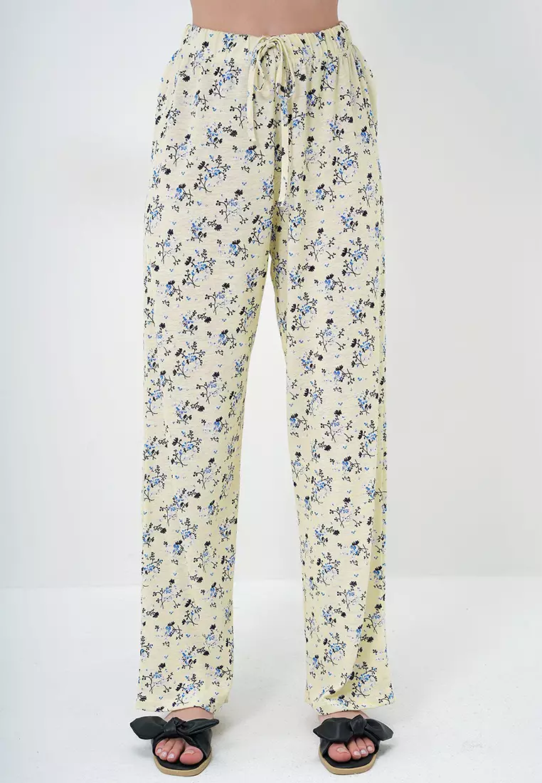 Buy Alacati Butter Yellow Floral Patterned Crew Neck Cotton T-Shirt And ...