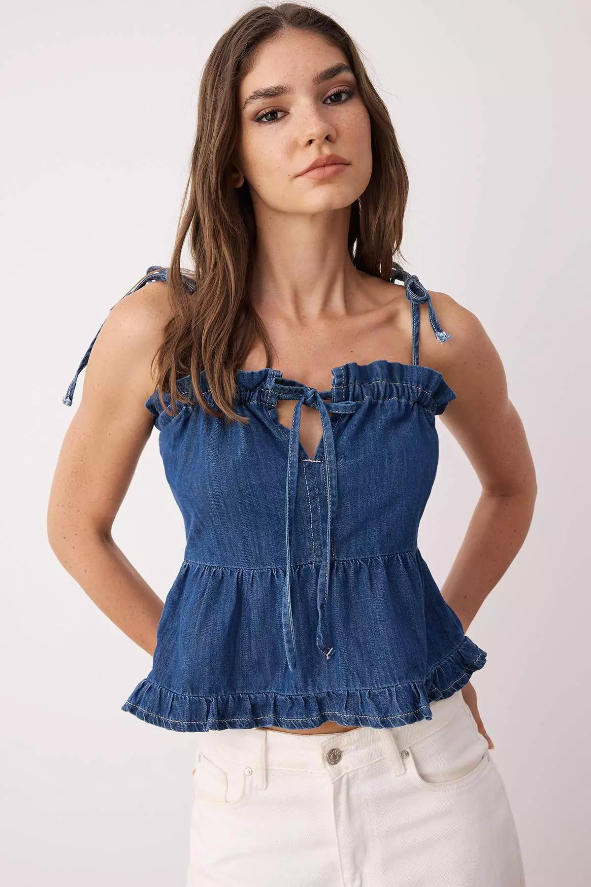 Buy Trendyol Blue Shoulder Tie Hem Ruffle Denim Blouse Twoss25Bz00434 ...