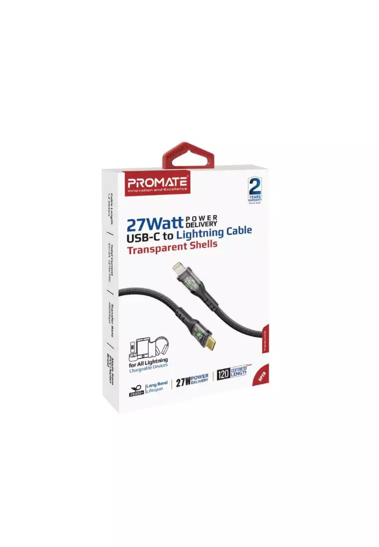 Buy Promate TransLine-Ci 27W Power Delivery USB-C to Lightning Cable With Transparent Shells ...