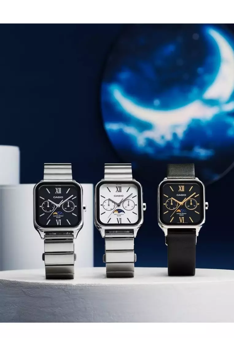 Buy Casio Casio General Analog Black Dial Moon Phase Black Leather Srap ...