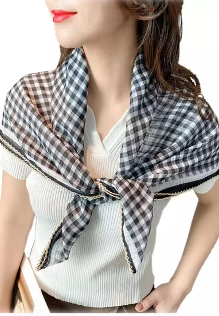 Jual San Marco Aksesoris Wanita Checks Print Crochet Hem Square Scarf ...