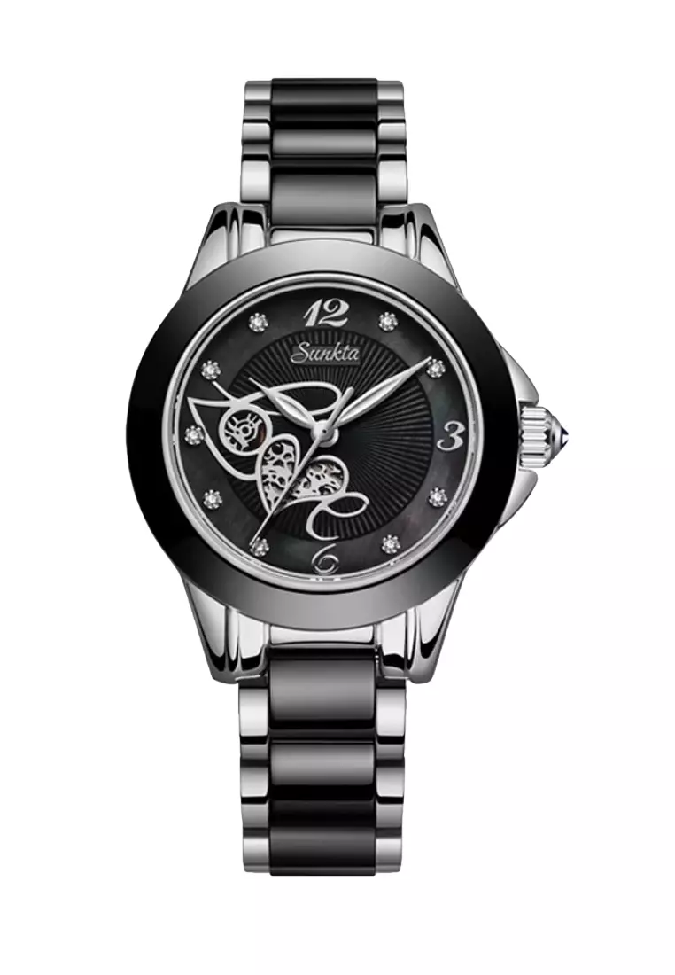 Buy LIGE SUNKTA Black Ceramic "LOVE" Ladies Quartz Watch, 33mm ...