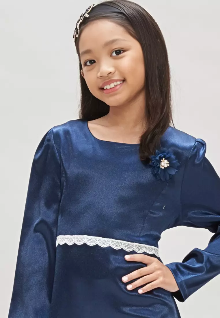 Buy Loveaisyah Girl Navy Blue Dress with Flower Brooch Baju Hari Raya ...