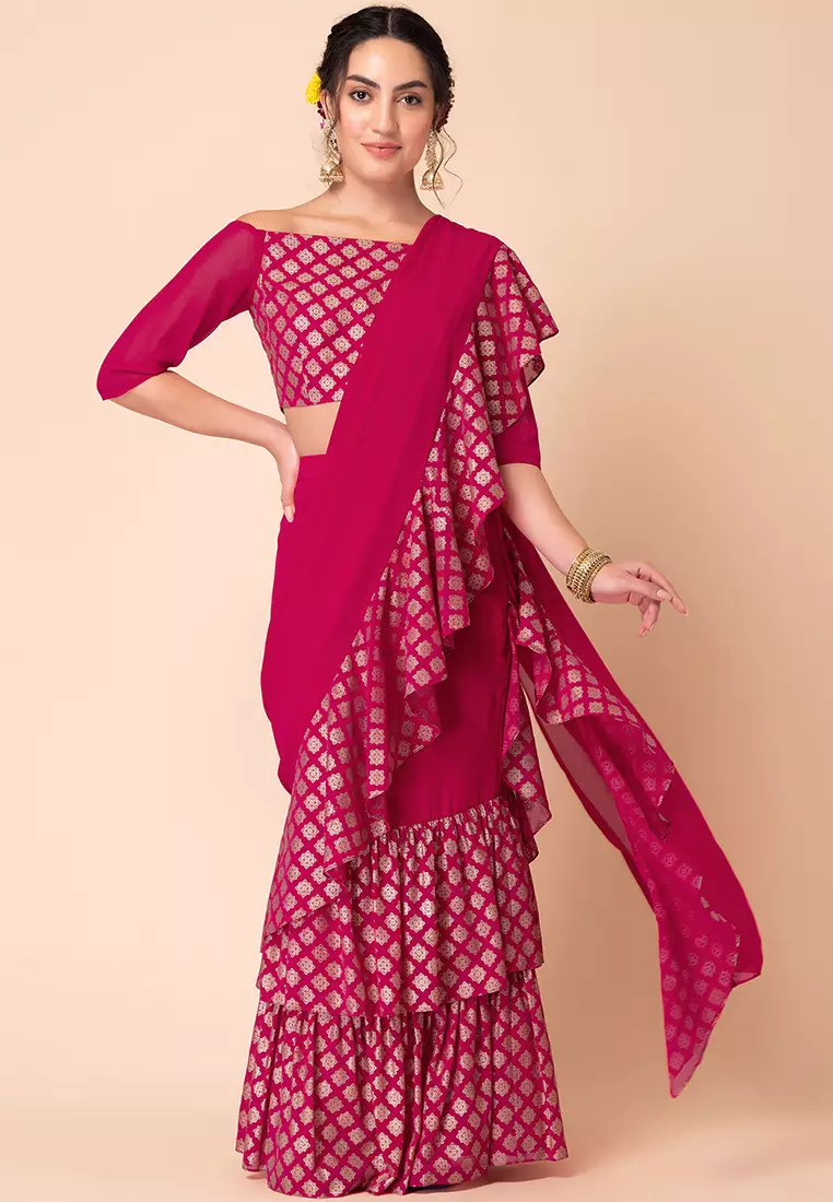 Buy Indya Pink Foil Print Ruffled Pre-Stitched Saree 2026 Online | ZALORA