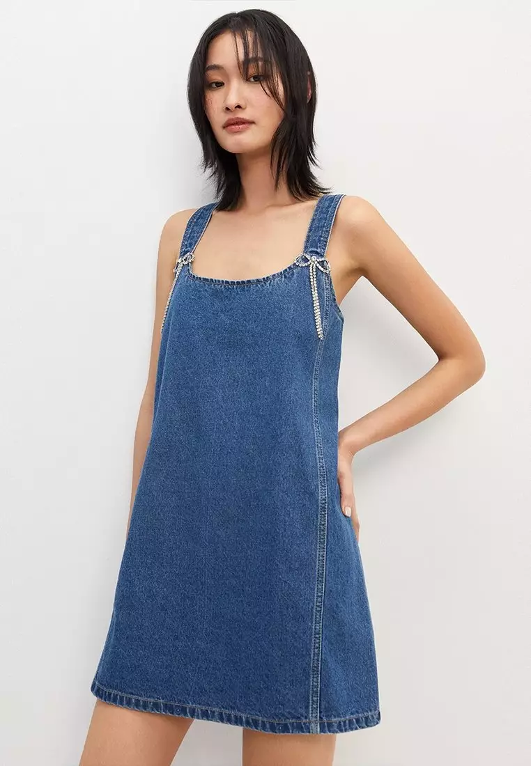 Pomelo Diamante Bow Denim Dress - Blue 2026 | Buy Pomelo Online ...