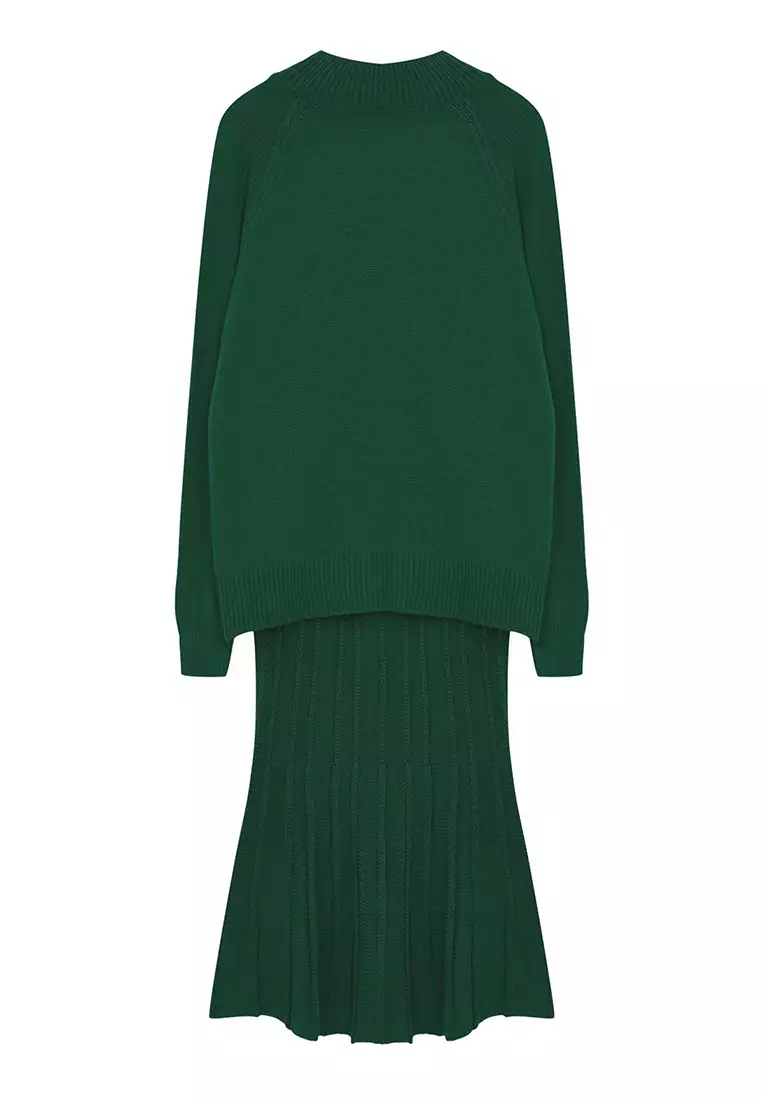 Buy Trendyol Emerald Green Pleated Skirted Knitwear Top-Bottom Set ...