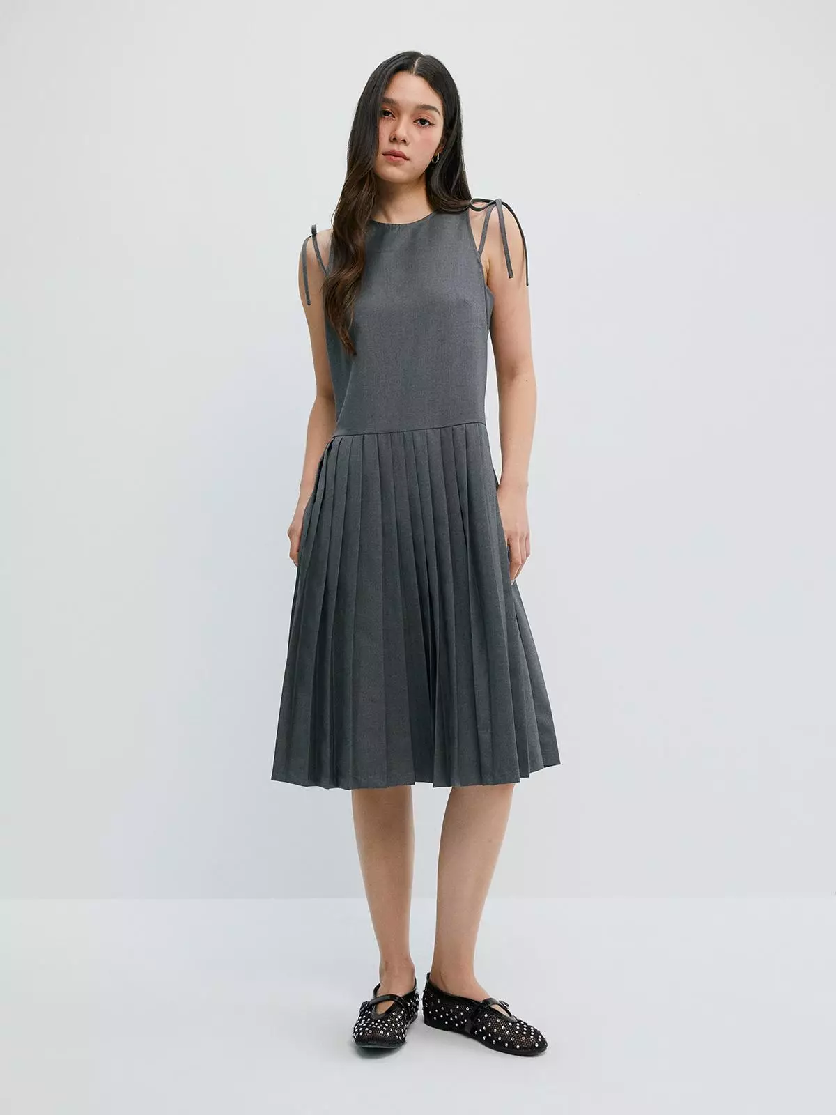 Jual POMELO FASHION Ribbon Pleated Dress - Light Grey Original 2025 ...