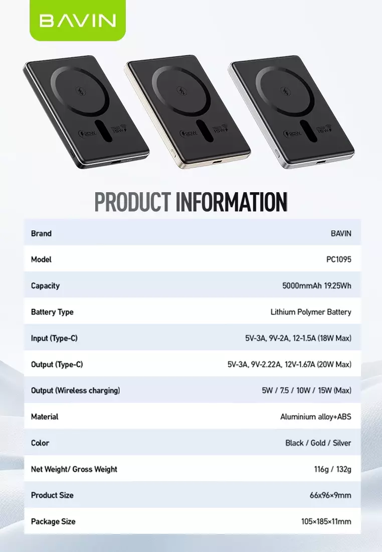 Buy BAVIN PC1095 5000mAh 15W Fast Charging Magnetic Wireless Ultra Thin Powerbank PD Type-C 20W ...