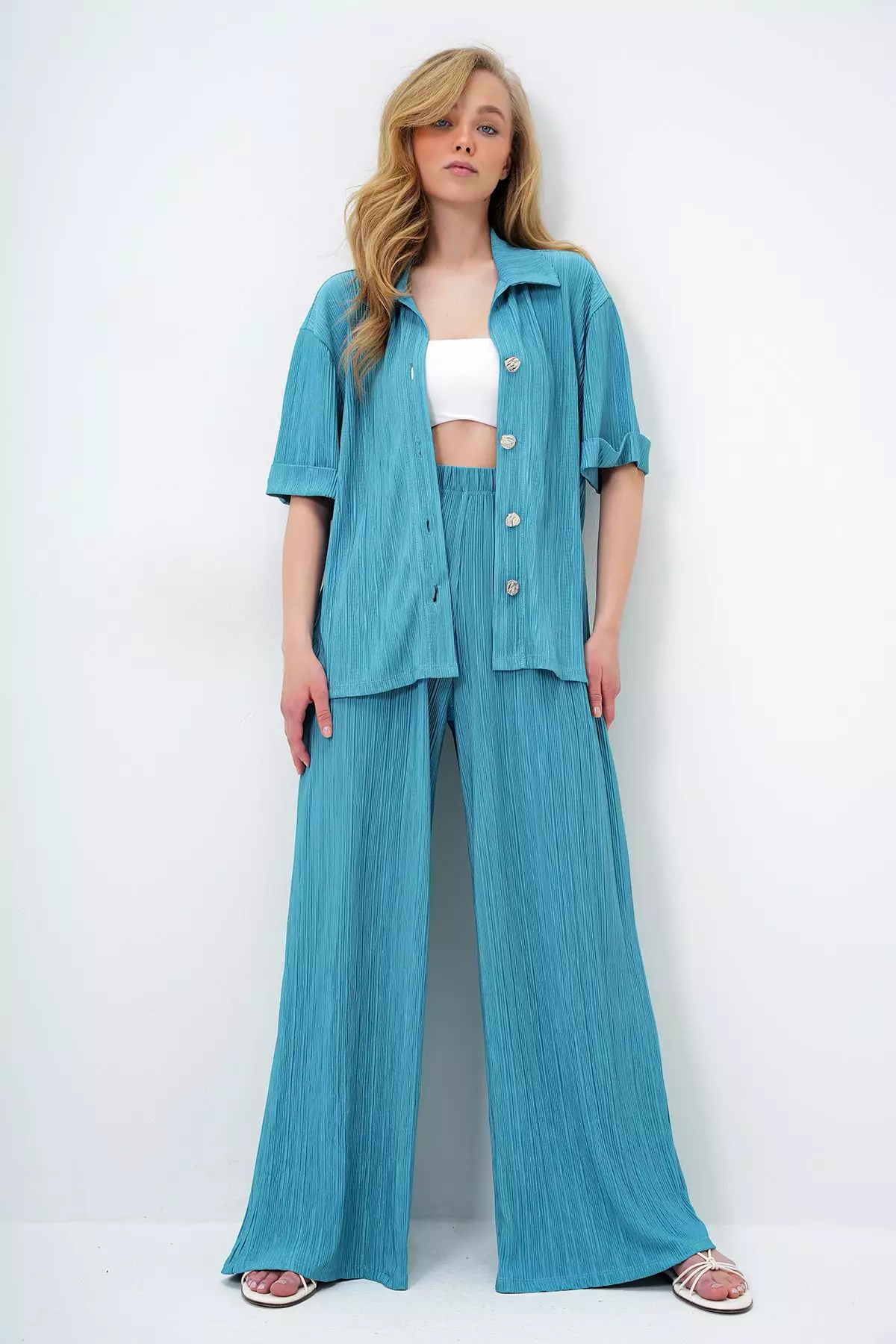 Buy Alacati Mint Green Double Cuff Gold Button Detailed Pleated Shirt ...