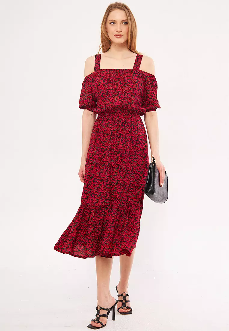 Buy ARMONIKA Cold Shoulder Pattern Midi Dress 2025 Online | ZALORA