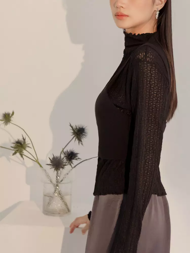 Buy OBSTYLE Stretchy polka dot textured ruffled high-neck top [AB19624 ...