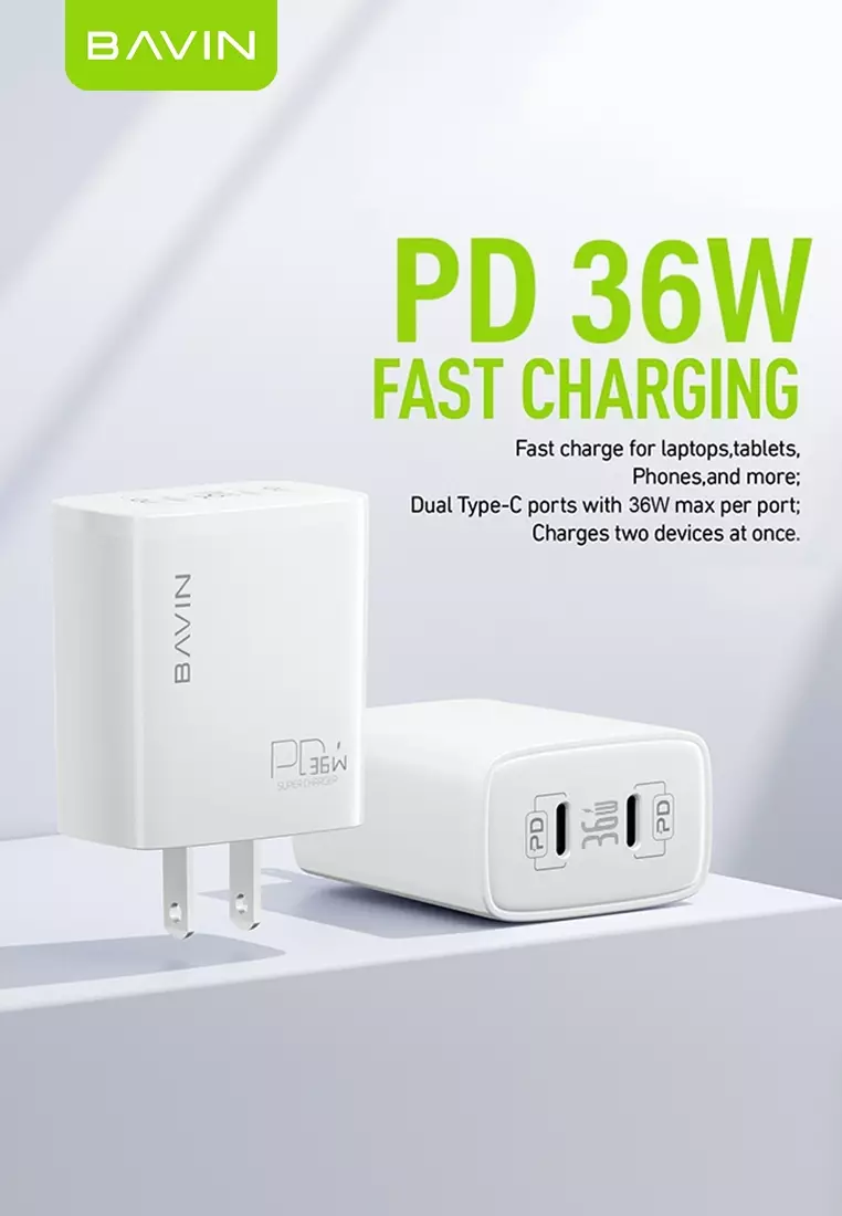Buy BAVIN PC909 36 W Dual Port Fast Charging Charger Adaptor Type-C Port + Type-C Port QC 3.0 ...