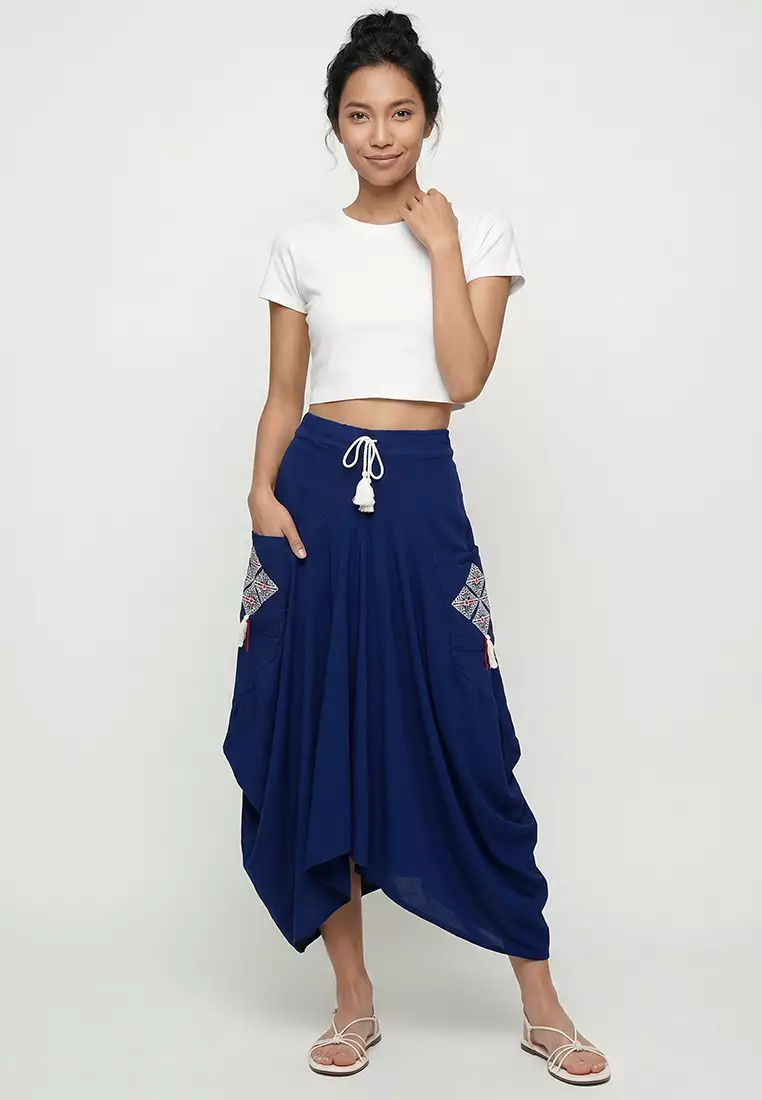 Buy Alacati Women's Navy Blue Embroidered Double Pocket Baggy Cut Woven ...