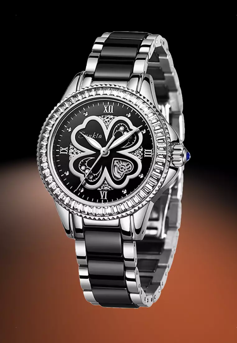 Buy LIGE SUNKTA Black Ceramic "FLOWER" Ladies Quartz Watch, 33mm ...