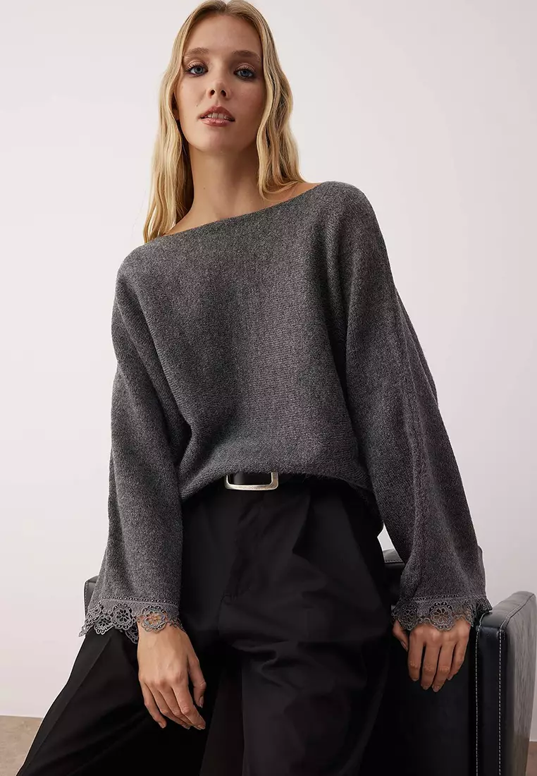 網上選購 Trendyol Anthracite Lace Garnished Soft Texture Knitwear Sweater ...