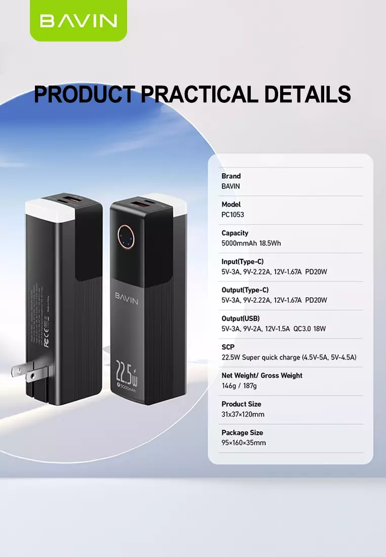 Buy BAVIN PC1053 5000mAh Portable Charger Power bank with 20W USB-C Input / Output Charging 22 ...