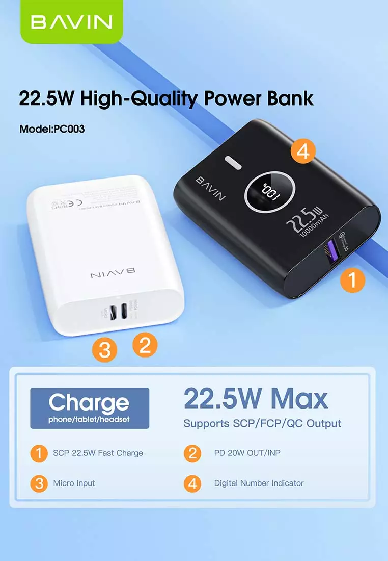 Buy BAVIN PC003 10000mAh 22.5W Super PD Fast Charging Powerbank Type-C ...