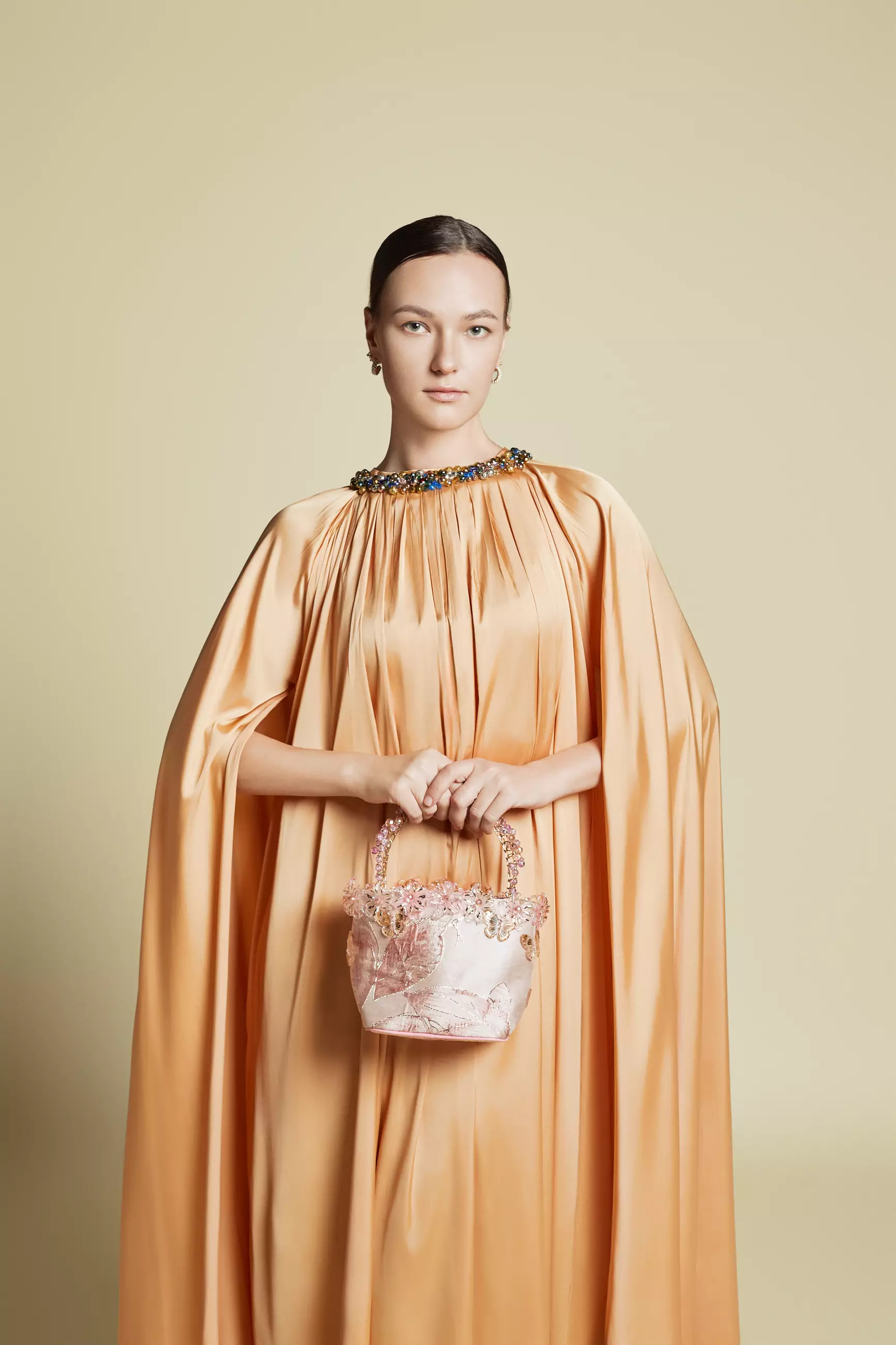 Jual Demure & Co DEMURE&CO - Crystal Embellished Cape Kaftan in Italian silk Twill Light Peach ...