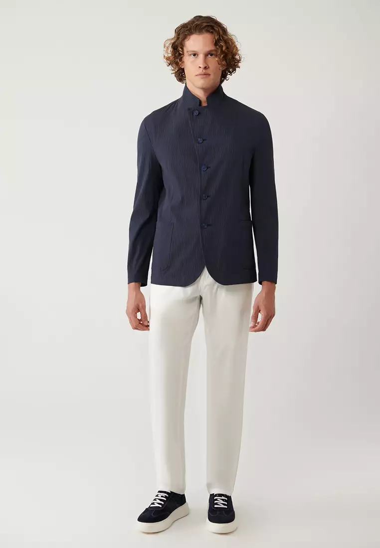 Buy Avva Navy Blue Stand Collar Pocket Unlined Lightweight Jacket 2025 ...