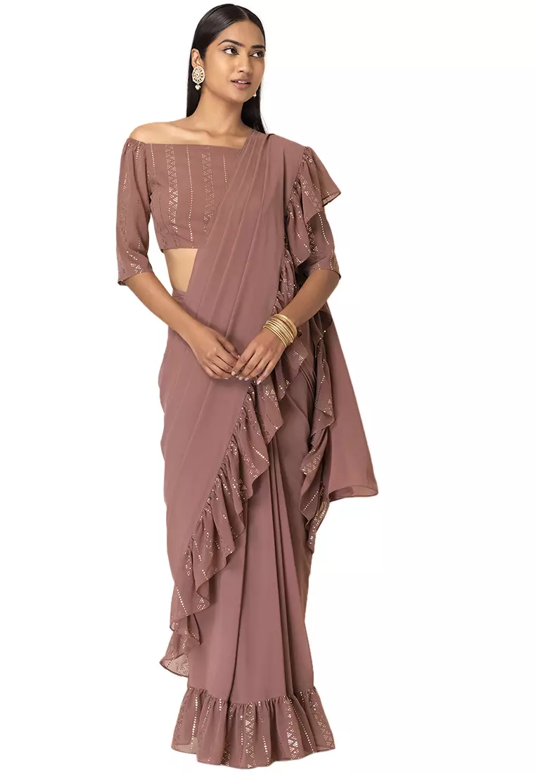 Buy Indya Dusty Pink Foil Print Ruffled Pre-Stitched Saree Online ...