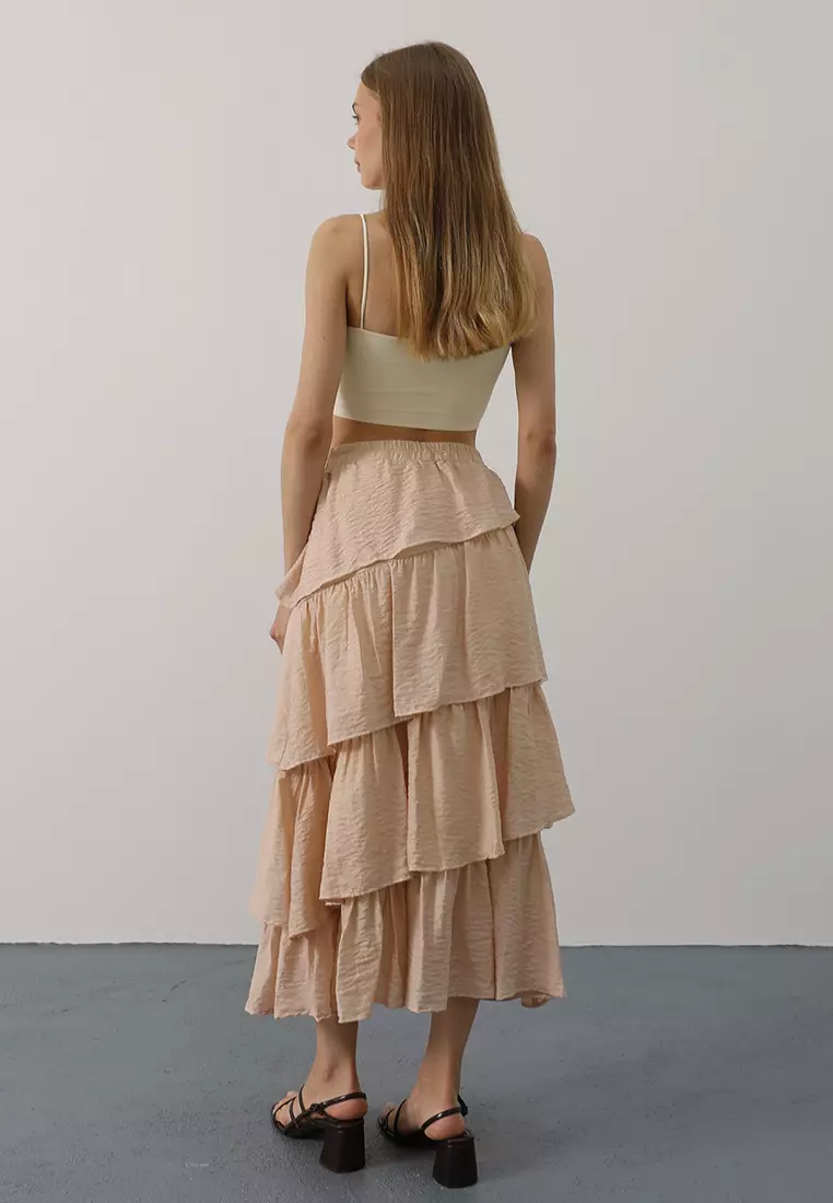 Buy Trendyol Stone Skirt Layered Ruffle Textured Maxi/Long Woven Skirt ...