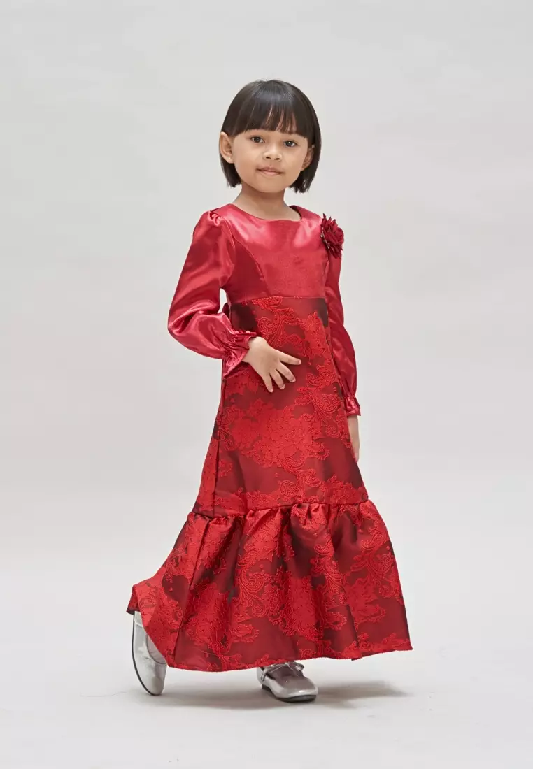 Buy Loveaisyah Girl Maroon Red Jacquard Dress with Flower Brooch Baju ...