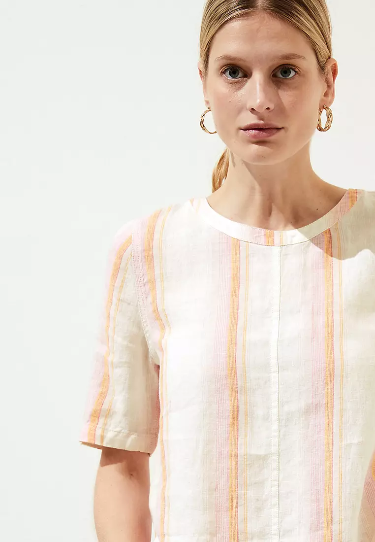 Jual Marks & Spencer Pure Linen Striped Round Neck Top Original 2025 ...