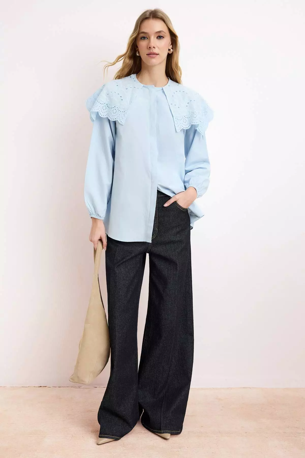 Buy Trendyol Light Blue Lace Collar Regular/Normal Fit Cotton Pack ...