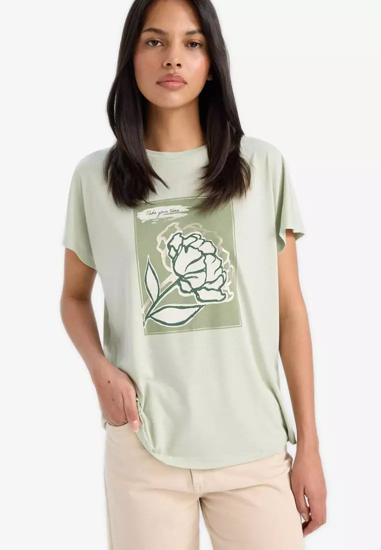 Buy DeFacto Crew Neck Flower Printed Short Sleeve T-Shirt E5139Ax25Sm ...