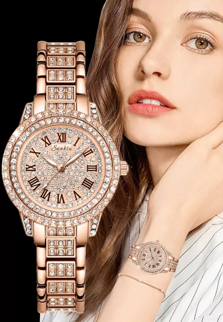 Buy LIGE SUNKTA Ladies Quartz Watch, IP Rose Gold Color, Metal Bracelet ...