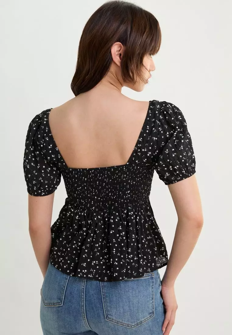 Buy Pomelo Floral Smocked Peplum Blouse - Black 2026 Online | ZALORA