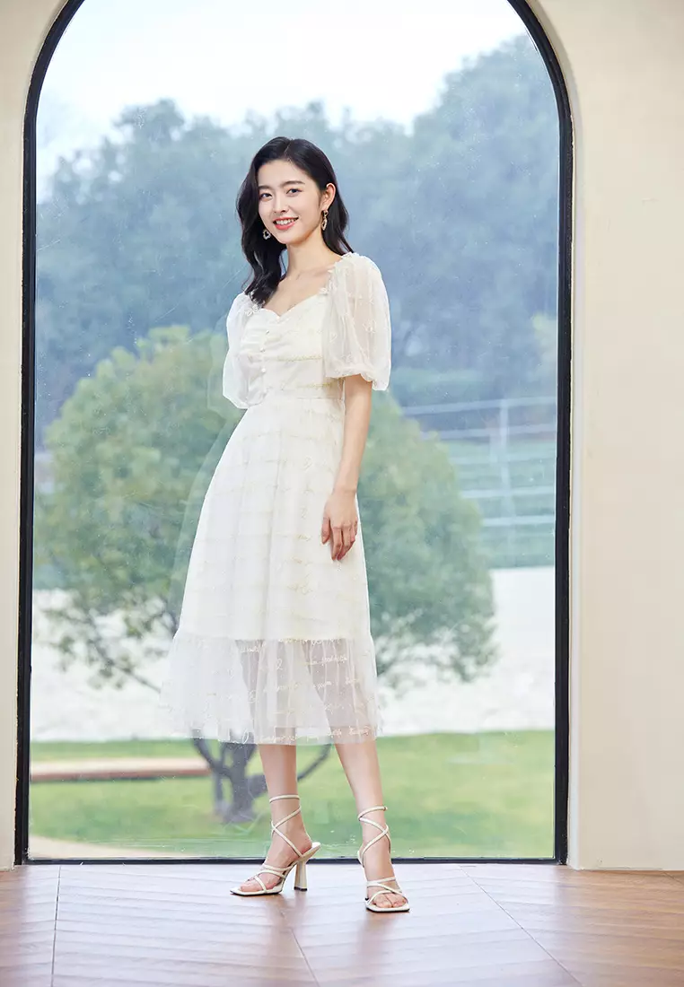 Buy Hopeshow Puff Sleeve Square Neck Embroidery Midi Dress 2026 Online ...