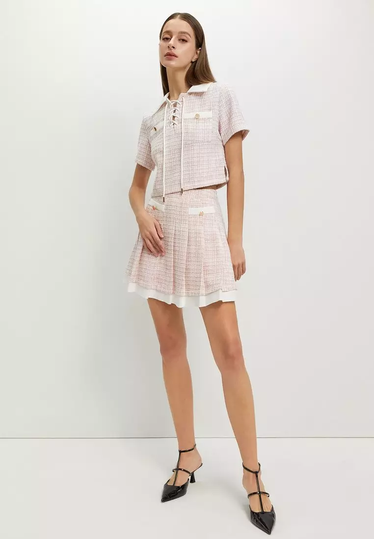 Buy Pomelo Lace-Up Tweed Top - Light Pink 2025 Online | ZALORA