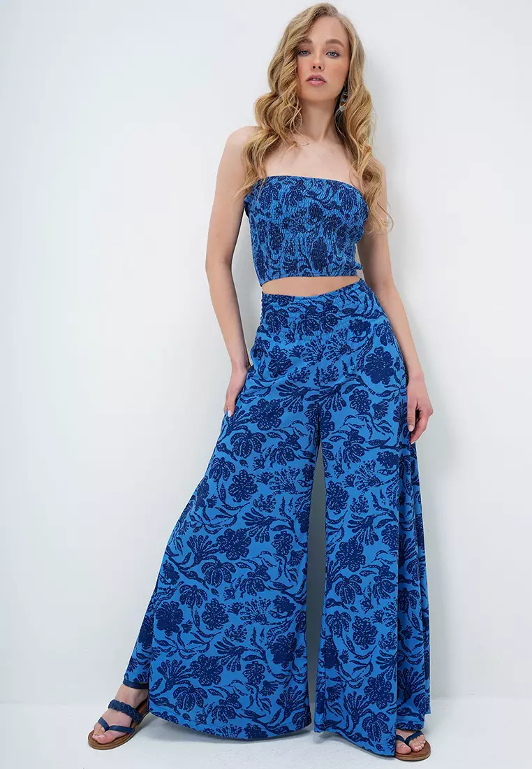 Buy Alacati Women's Navy Blue Waist Gimped Wide Leg Pants And Gimped ...