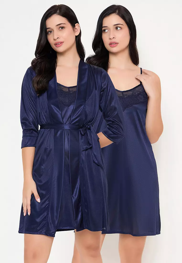 Clovia Clovia Chic Basic Short Night Dress & Robe Set in Navy 2025 ...