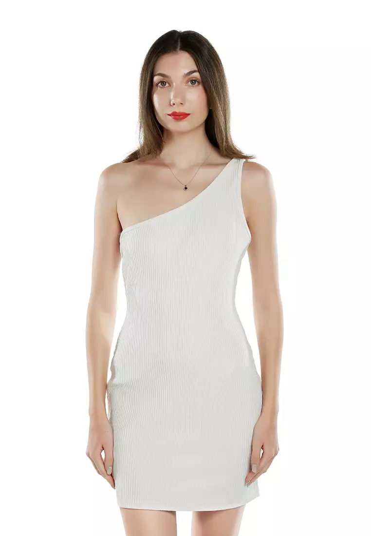 Jual London Rag Gaun Rajutan Bodycon Satu Bahu Putih Original 2025 ...