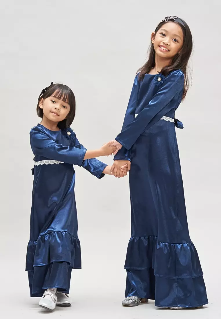 Buy Loveaisyah Girl Navy Blue Dress with Flower Brooch Baju Hari Raya ...