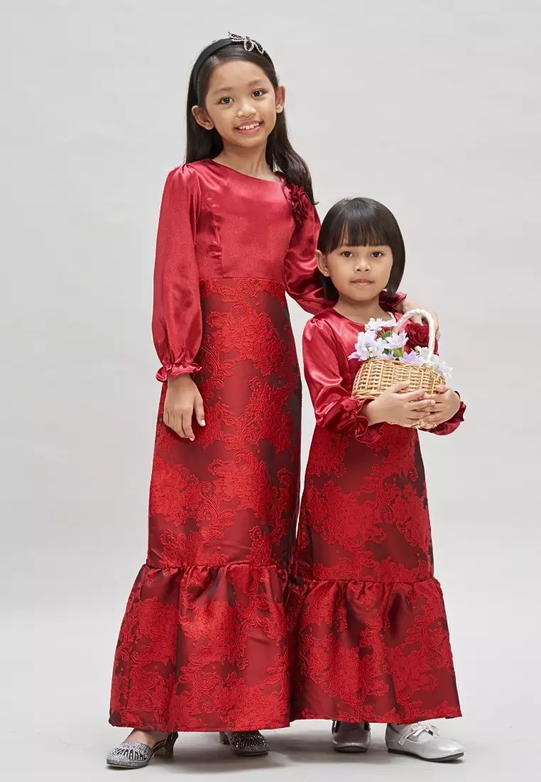 Buy Loveaisyah Girl Maroon Red Jacquard Dress with Flower Brooch Baju ...