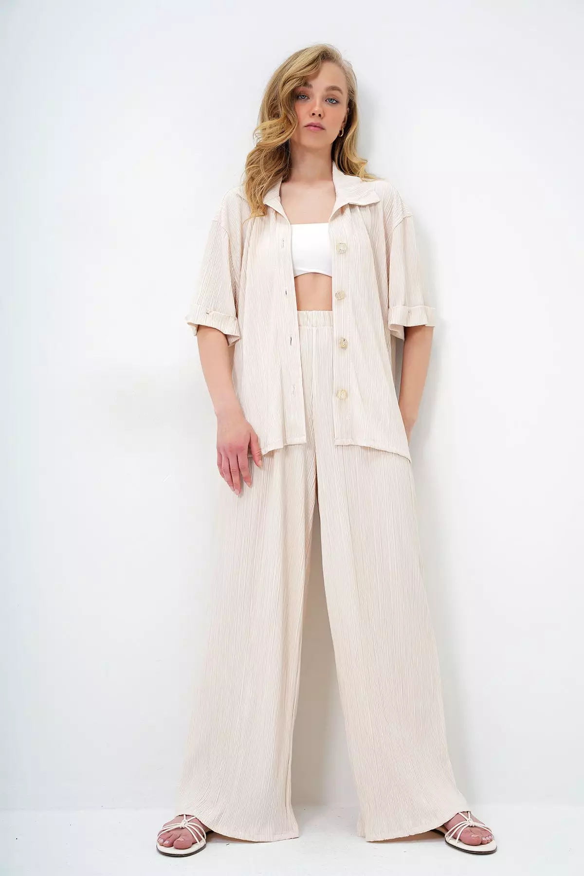 Buy Alacati Women's Beige Double Cuff Gold Button Detailed Pleated ...