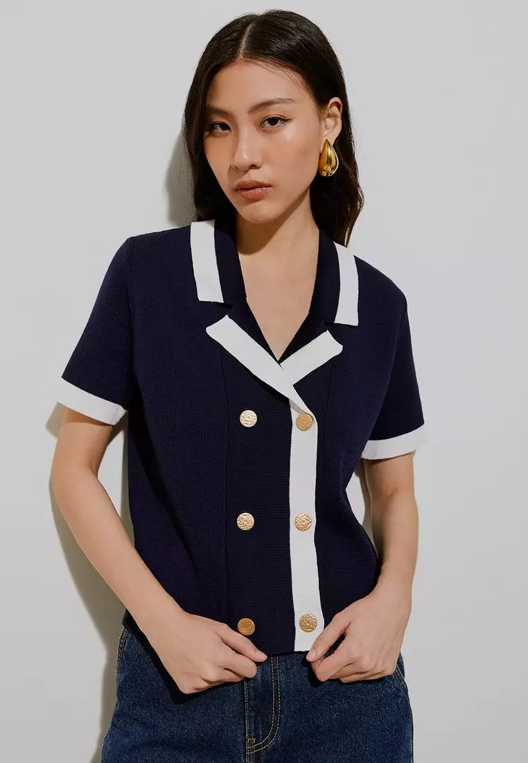 Pomelo Contrast Trim Knitted Short-Sleeve Shirt with Gold Hardware ...