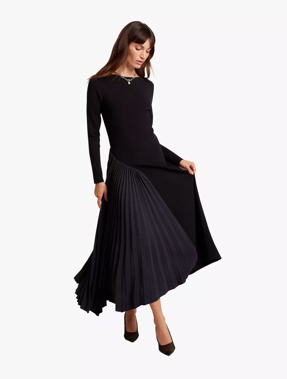 Jual TED BAKER BELVIEE Long Sleeve Knit Midi Dress with Pleat P - Navy ...