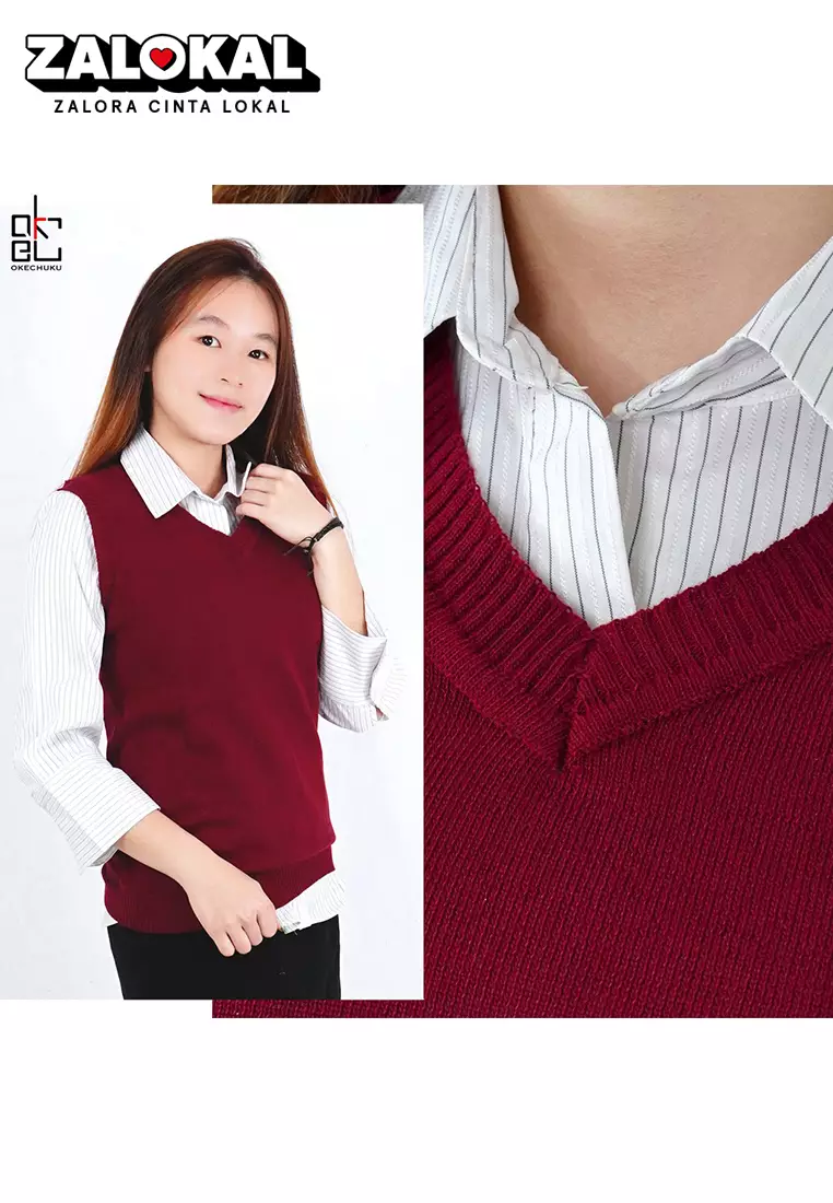 Jual Okechuku OKECHUKU Rompi Rajut Wanita Model Polos V Neck Knit Vest ...