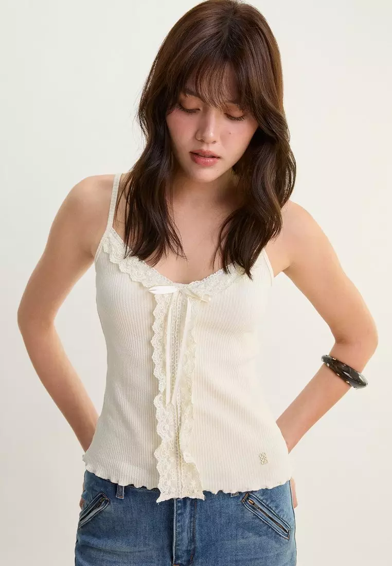 Buy Pomelo Lace Trim Ribbed Cami Top - Ivory 2026 Online | ZALORA