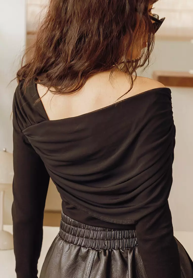 Buy OBSTYLE Asymmetrical Off-shoulder Wrinkle Spliced Mesh Slim Fit Top ...