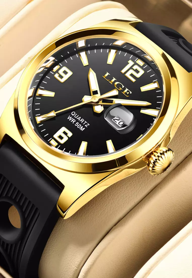 Buy LIGE Unisex 42mm IP Gold Steel Quartz Watch, Rubber Band Online ...