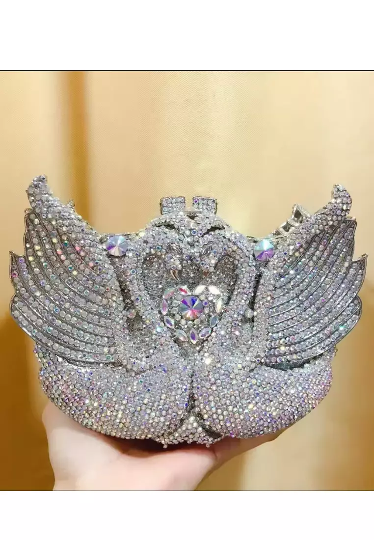 Jual San Marco Tas Clutch Pesta Wanita Diamante Swan Shape Silver ...