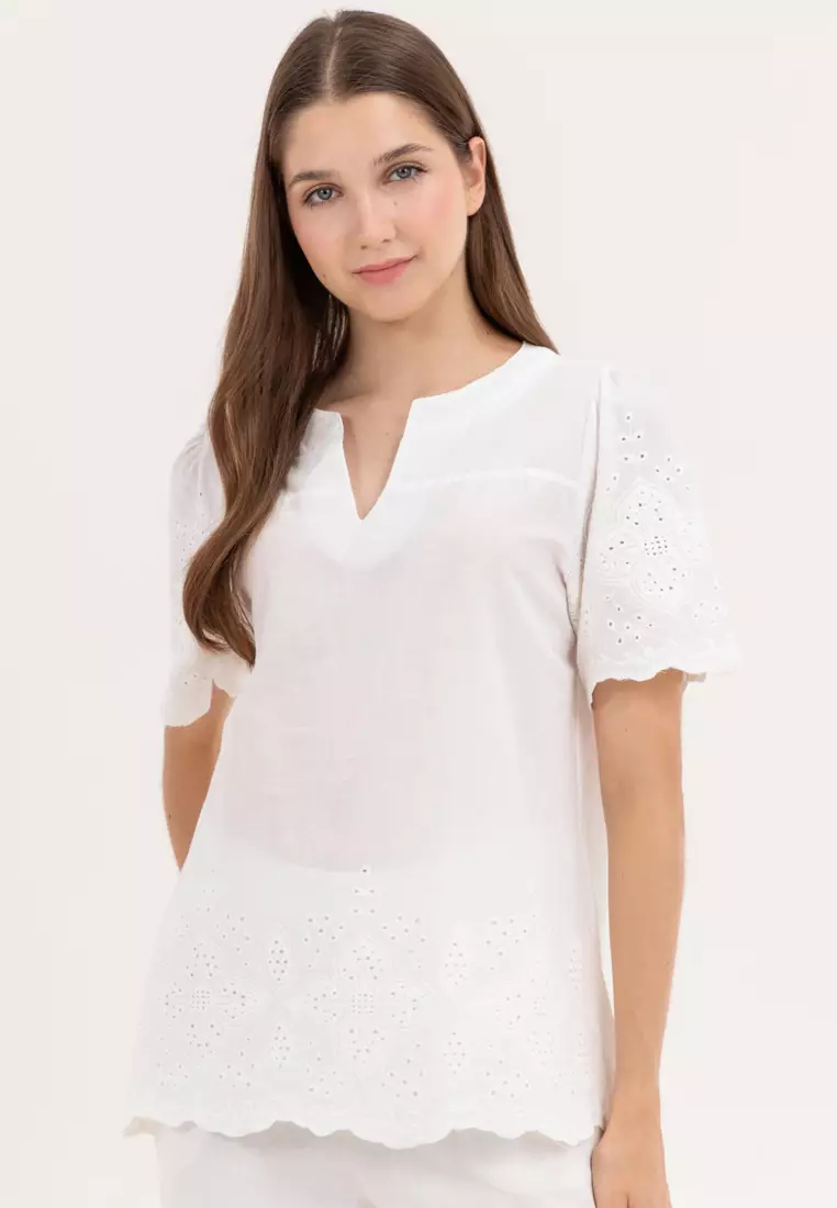 Buy Beyond The Seams Zelda Cotton Embroidered Blouse, with Notch Collar ...
