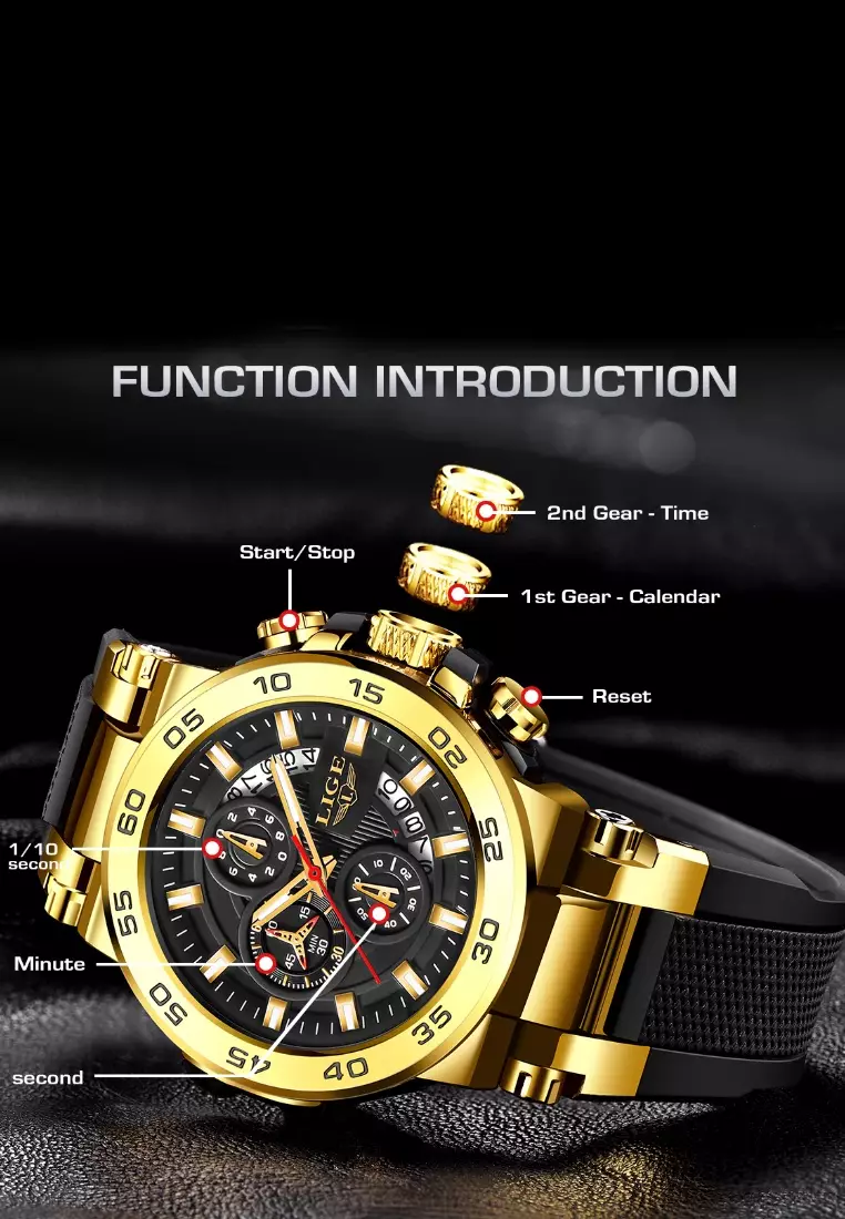 Buy LIGE Chronograph Unisex Quartz Watch, Plastic and Gold Color Alloy ...