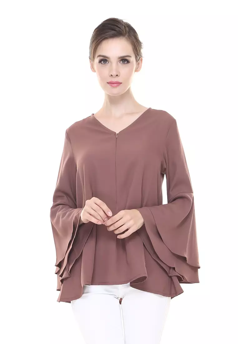 Buy RINA NICHIE COUTURE Rena Top 2 Layers Peplum Sleeves in Dark Brown ...