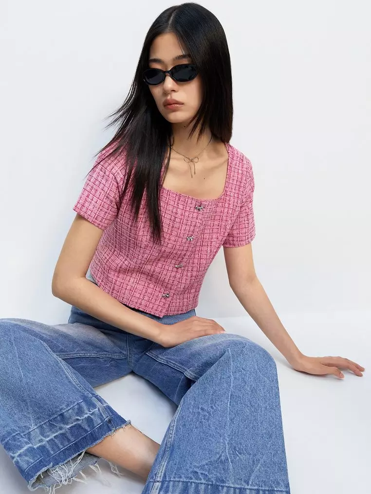 Pomelo Tweed Woven Blouse - Pink 2025 | Buy Pomelo Online | ZALORA Hong ...